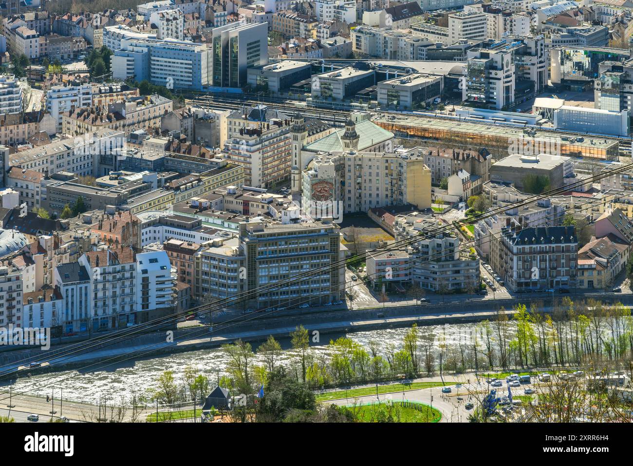 Cityscape, aerial view, high over the rooftops of Grenoble, France ...