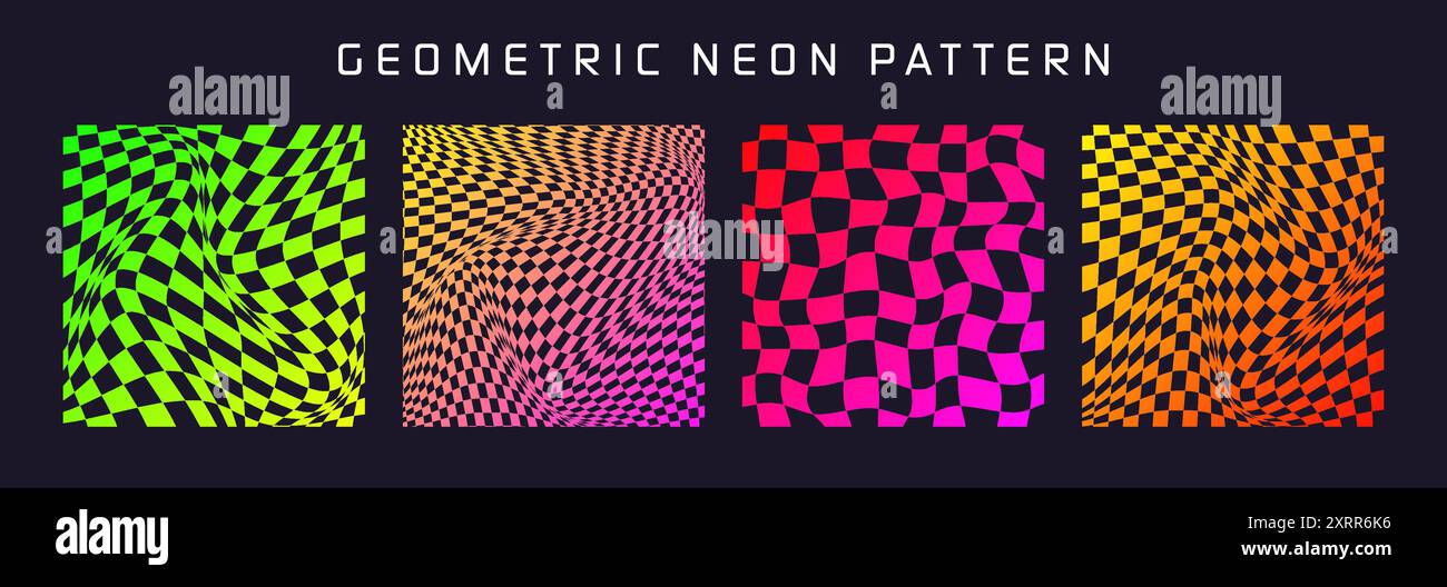 Groovy checkered pattern, colorful distorted tiled grid. Vintage wavy ...