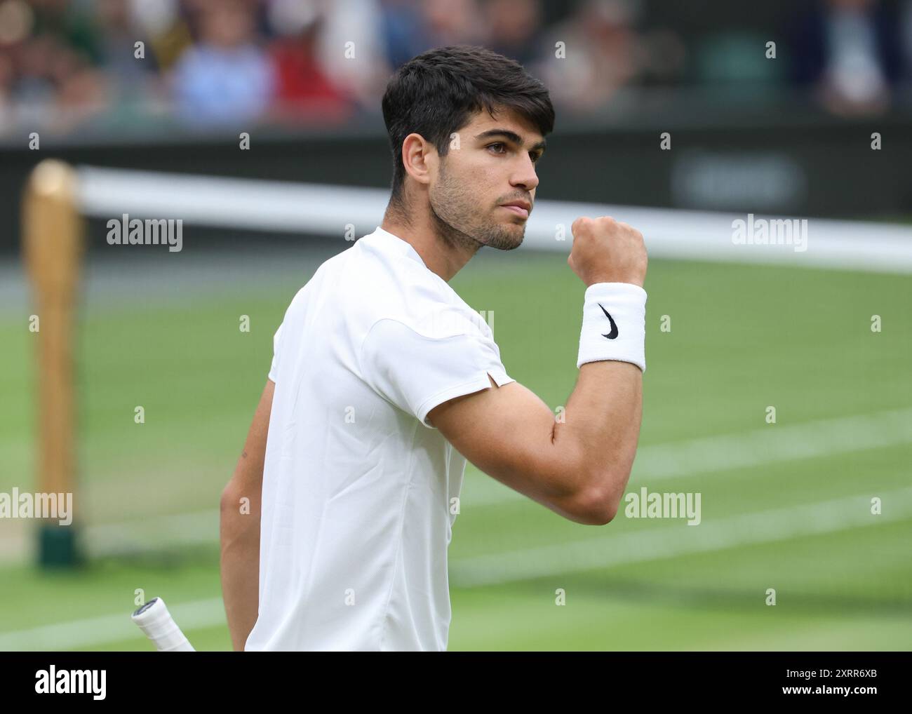 Spanish tennis player Carlos Alcaraz celebrating at the 2024 Wimbledon ...