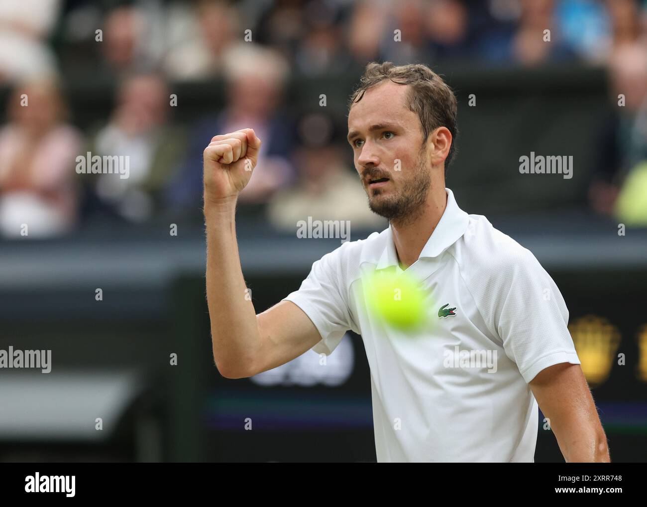 Russian tennis player Daniil Medvedev celebrating at the 2024 Wimbledon ...