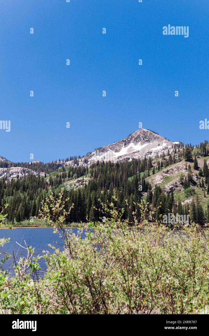 Mountain peak above lake with clear skies Stock Photo - Alamy