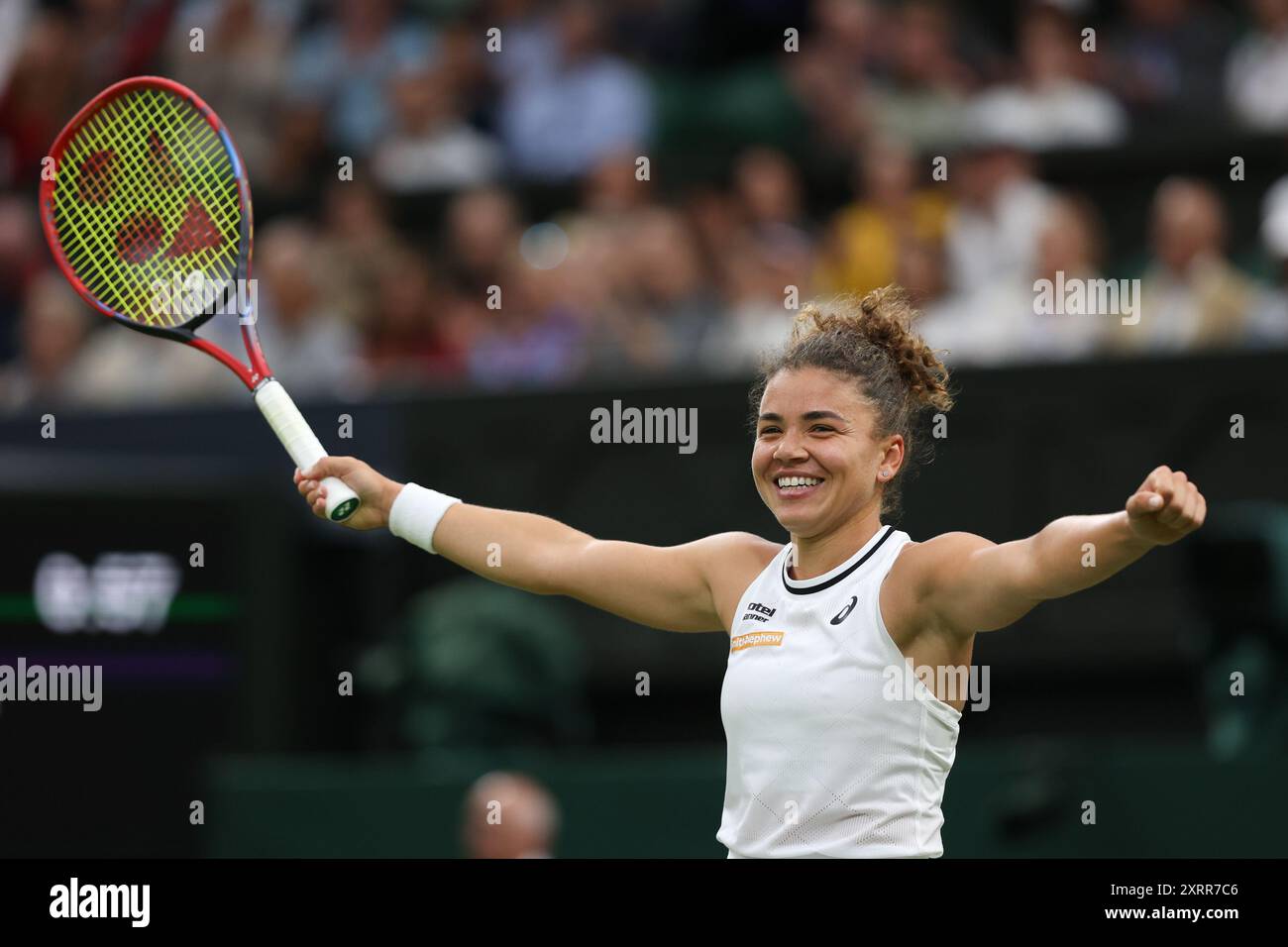 Italian tennis player Jasmine Paolini celebrating at the 2024 Wimbledon ...