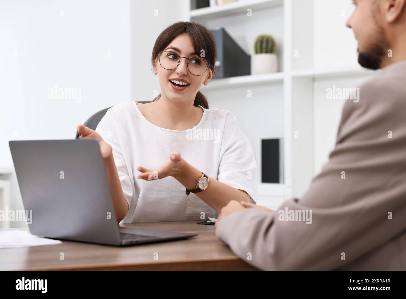 Consultant working with client at table in office. Business meeting ...