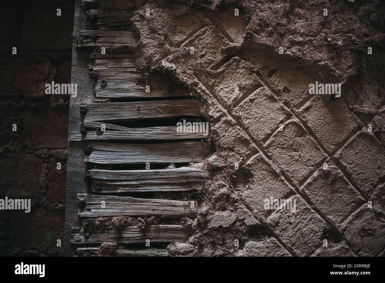 Close up detail of old house, lathe and plaster work exposed Stock ...