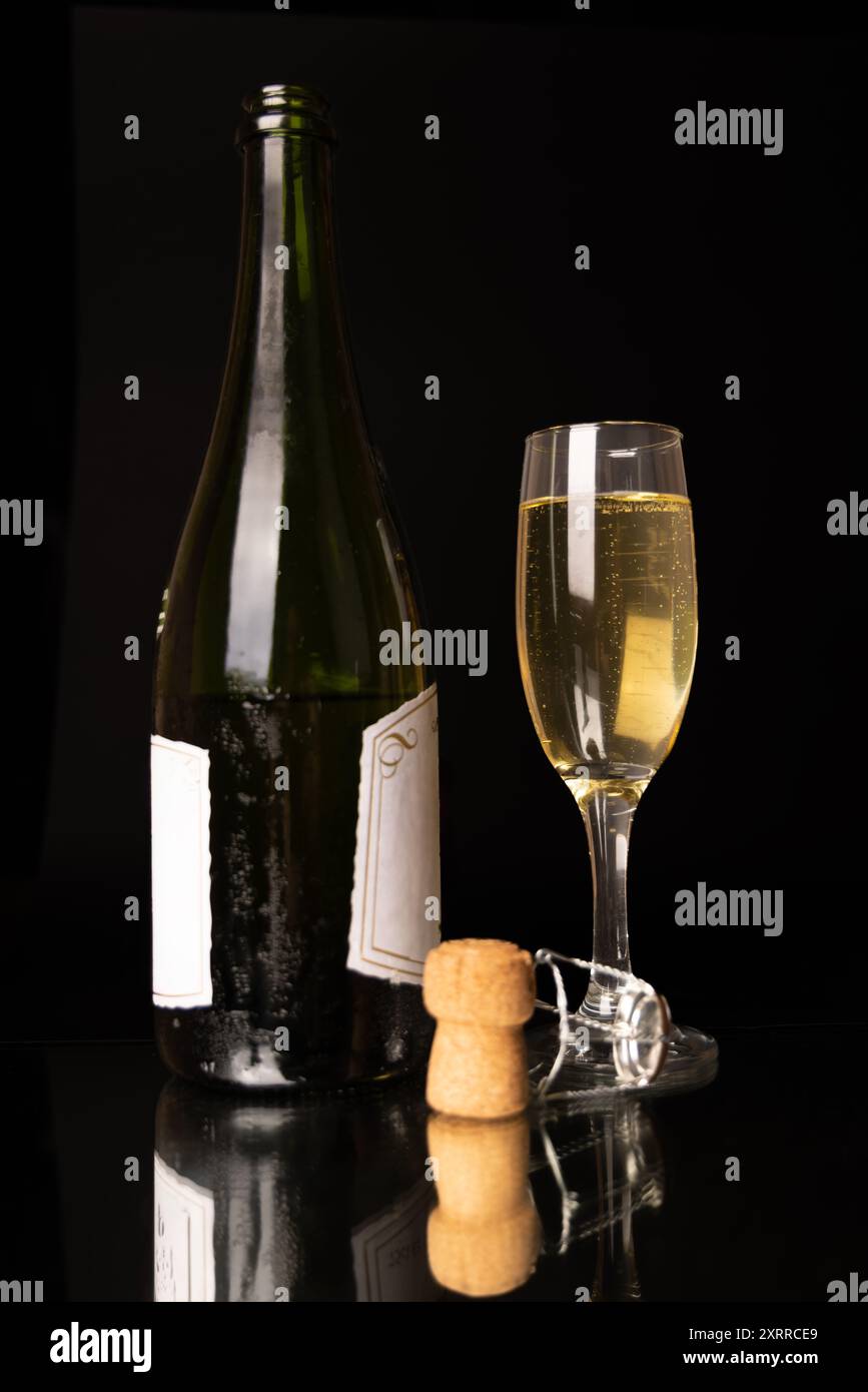A bottle of champagne with a full glass, bubbling with effervescence ...