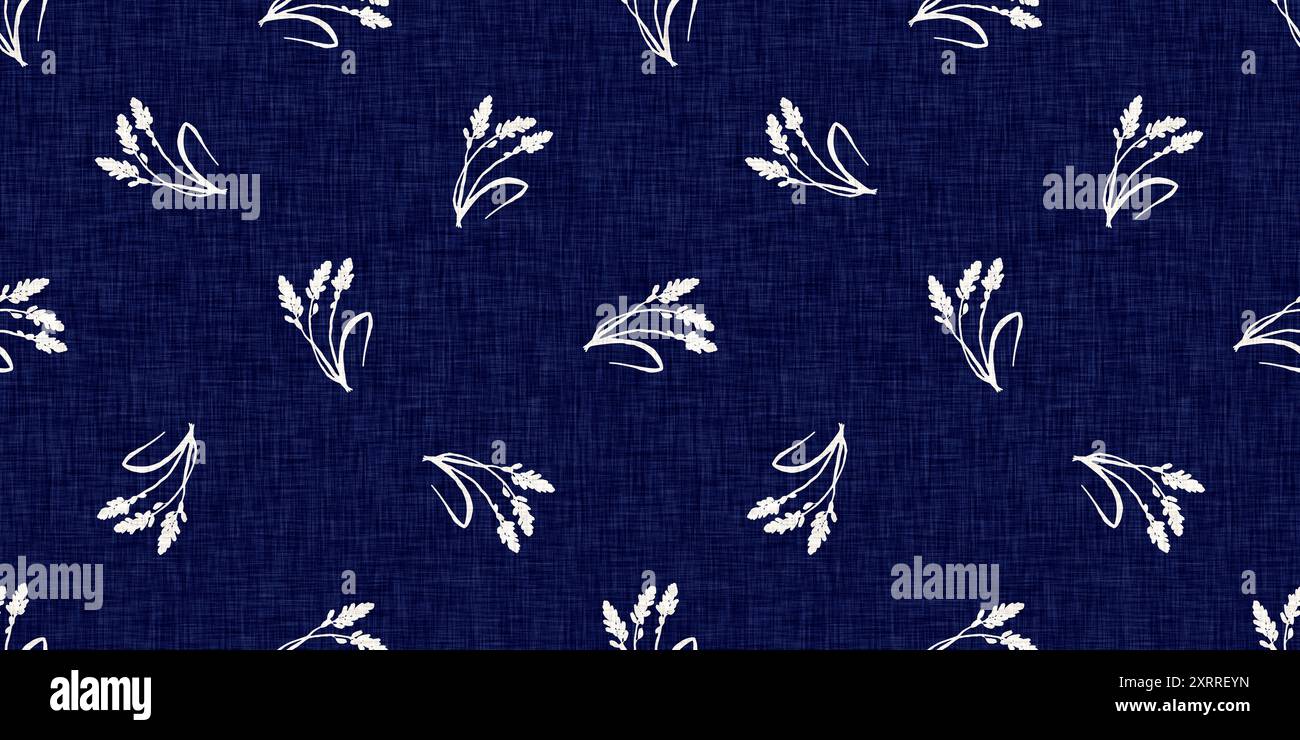 Indigo denim blue leaf motif seamless border. Japanese dye batik fabric ...