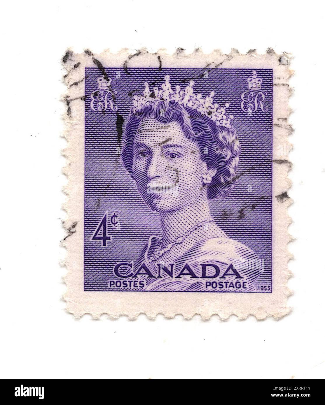 A vintage Queen Elizabeth II postage stamp from Canada on a white ...