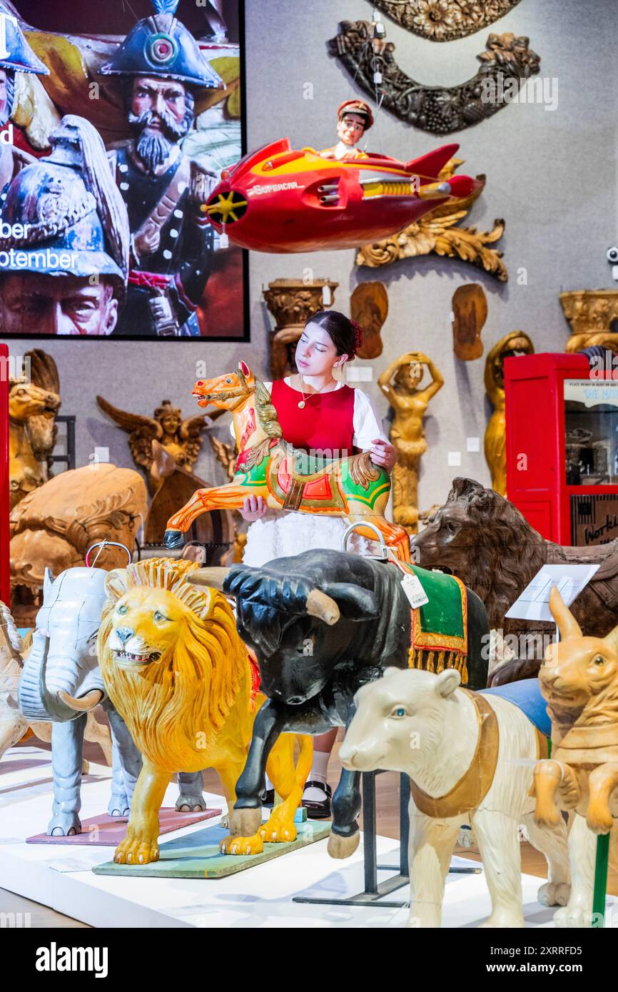 London, UK. 12 Aug 2024. Some of the many merry go round animals and ...