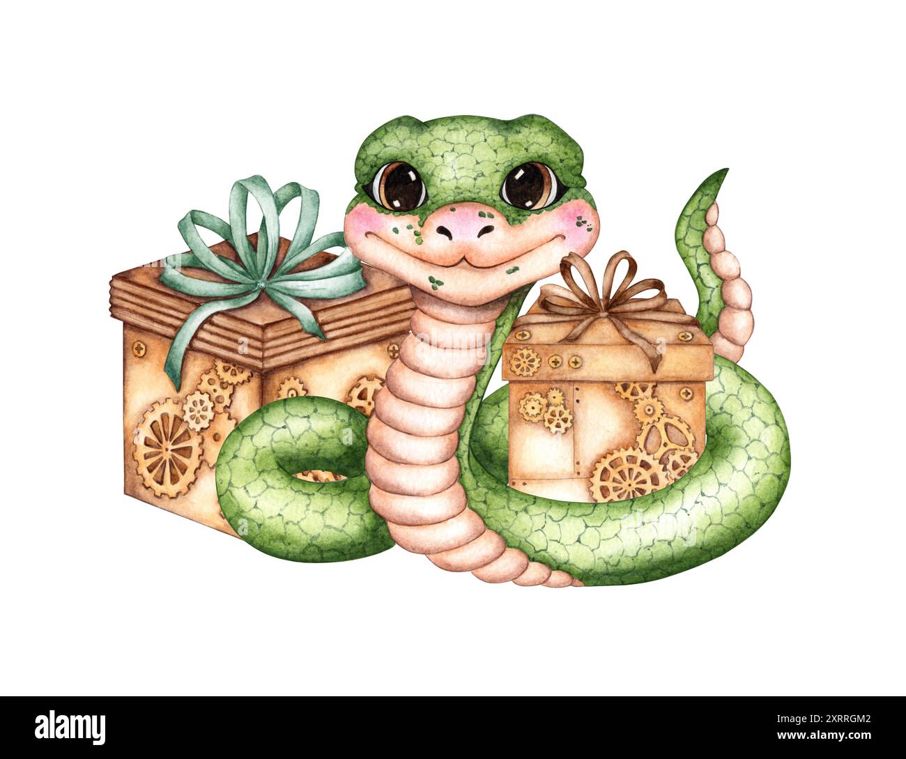 Green cartoon snake with gift boxes steampunk watercolor illustration ...