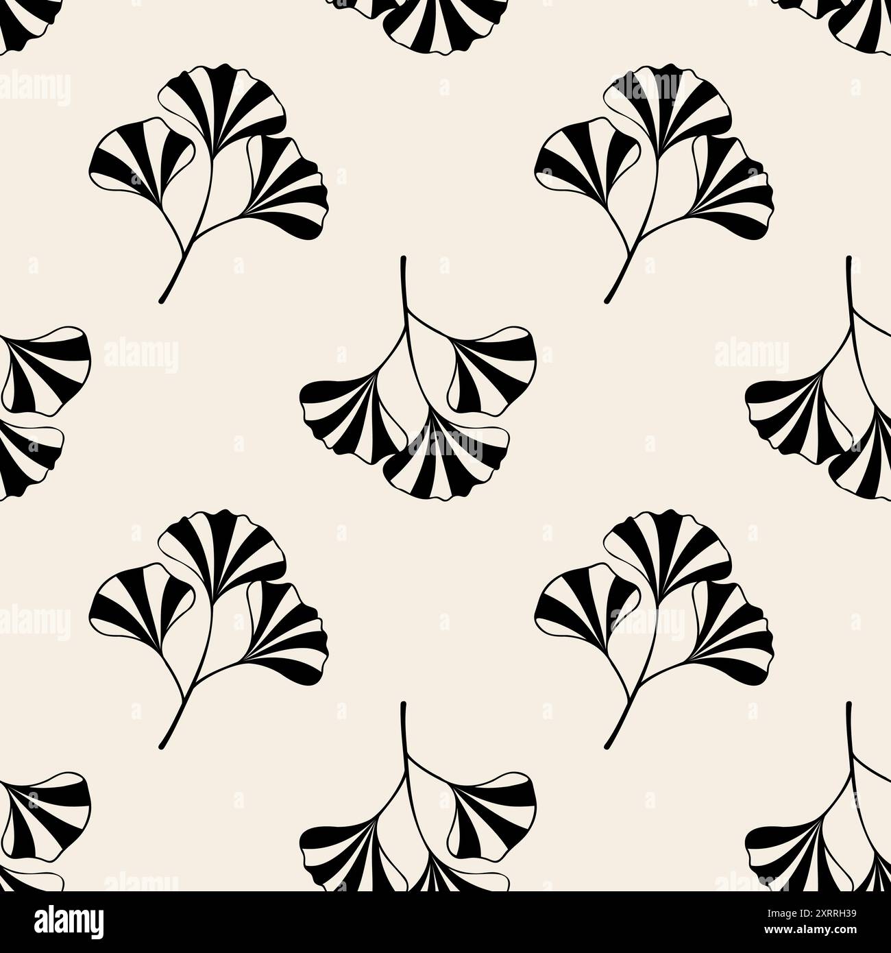 Pattern with Ginkgo biloba leaves silhouette dark color. On beige ...