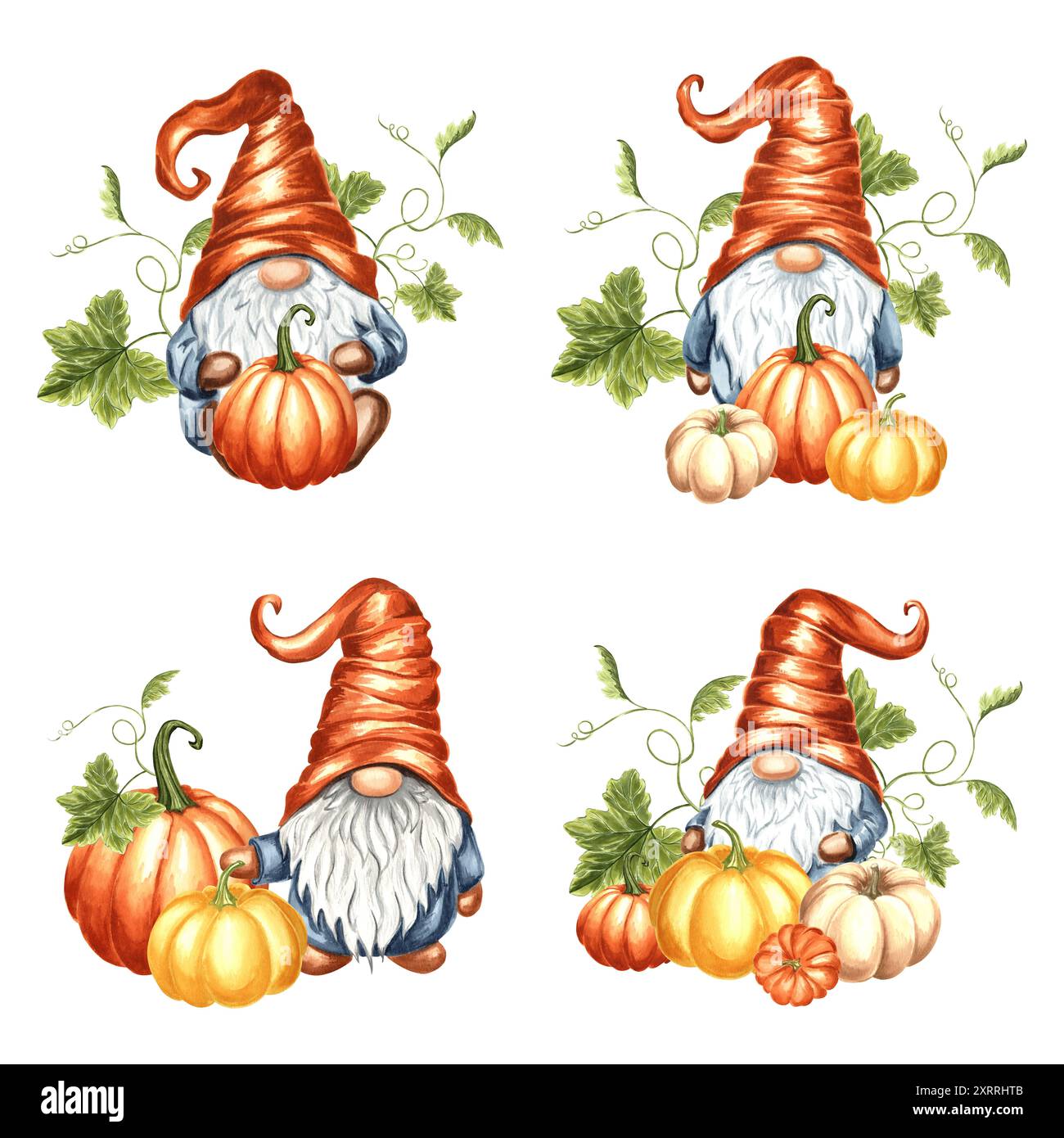 Gnomes with pumpkins. Set of hand drawn watercolor isolated ...