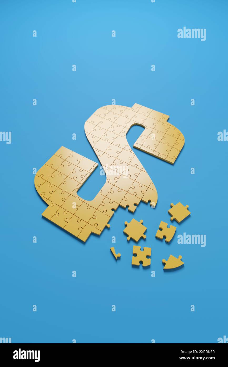 Yellow puzzle in the shape of a dollar sign isolated on blue background ...