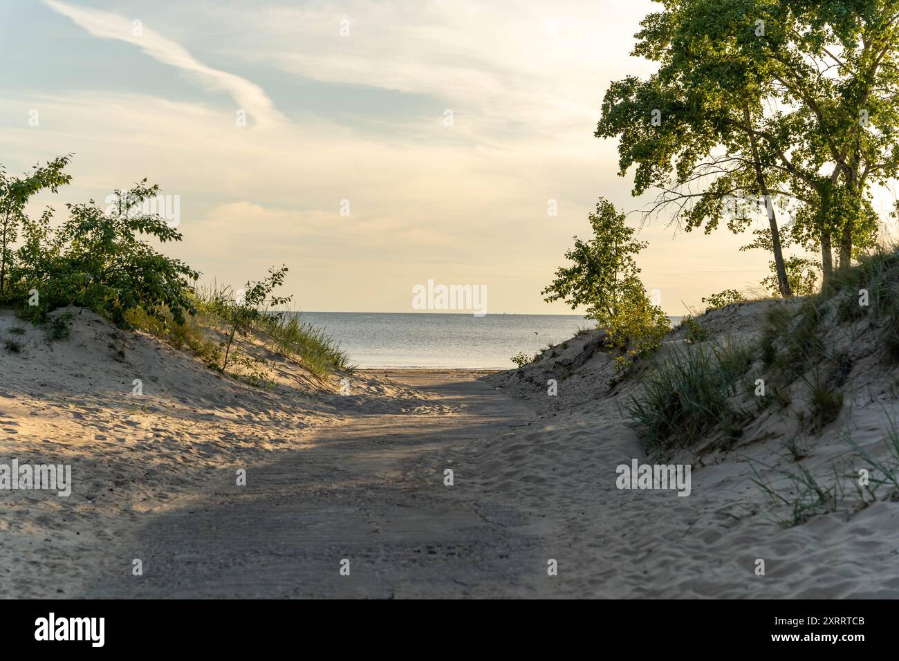 A path through sand dunes leads to the beach at sunset Stock Photo - Alamy