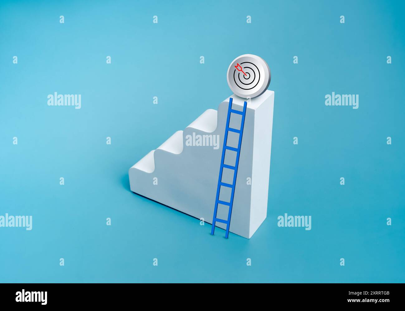 3d Target icon on top of modern white geometric stairway as bar graph ...