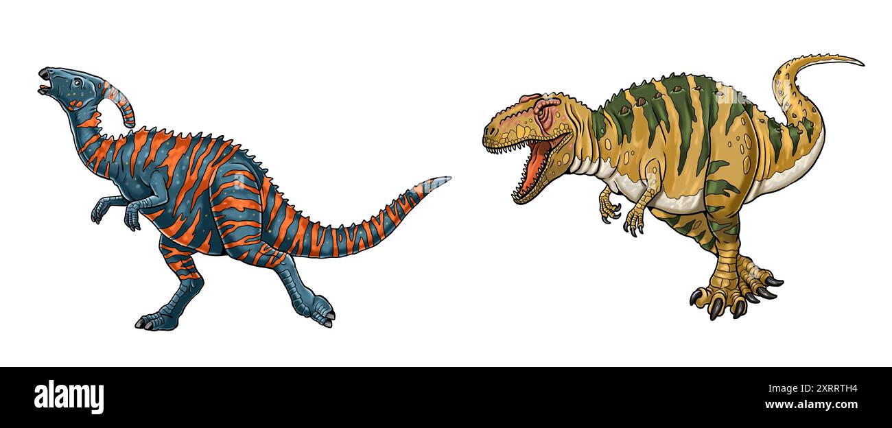 Dinosaur hunting. Giganotosaurus attacking the Parasaurolophus. Colored ...
