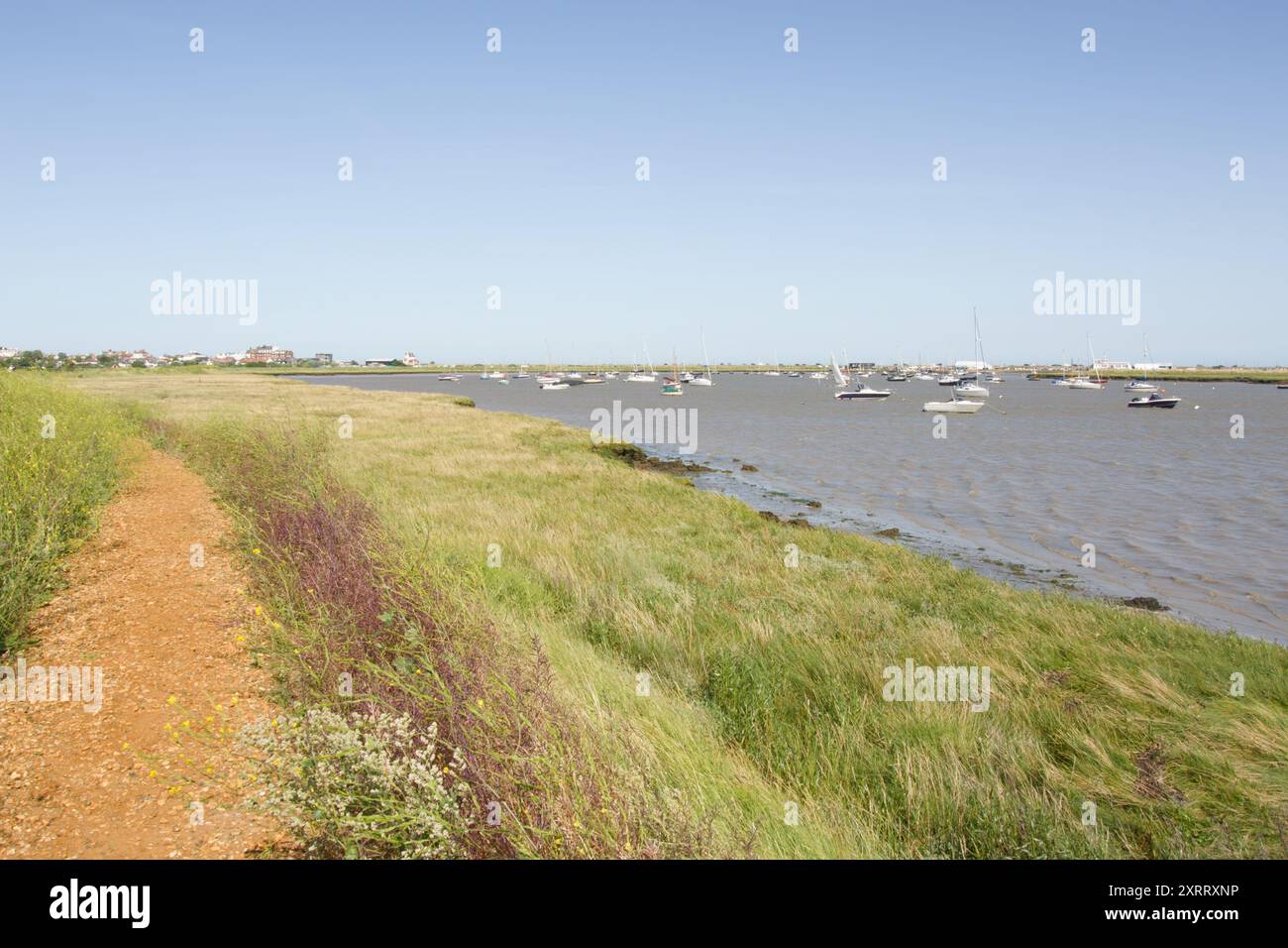 Footpath along the River Alde sea wall embankment at Slaughden ...