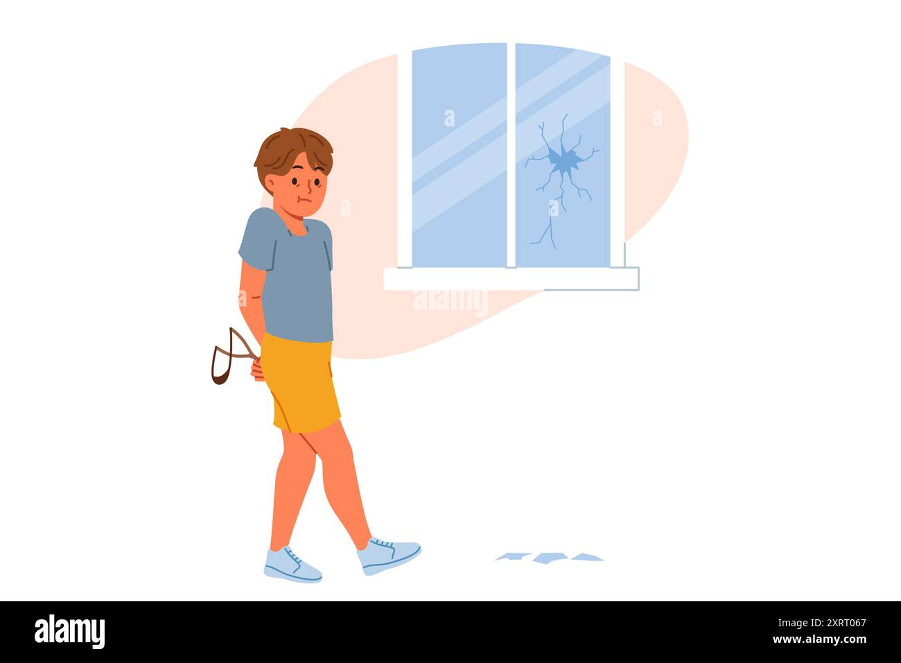 Hooligan boy broke window with slingshot and is afraid of punishment from parents for bad ...