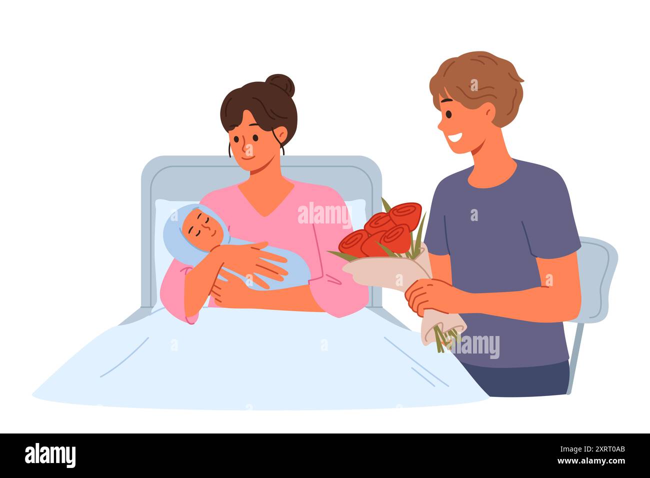 Woman who has given birth lies in hospital bed, showing baby to happy ...