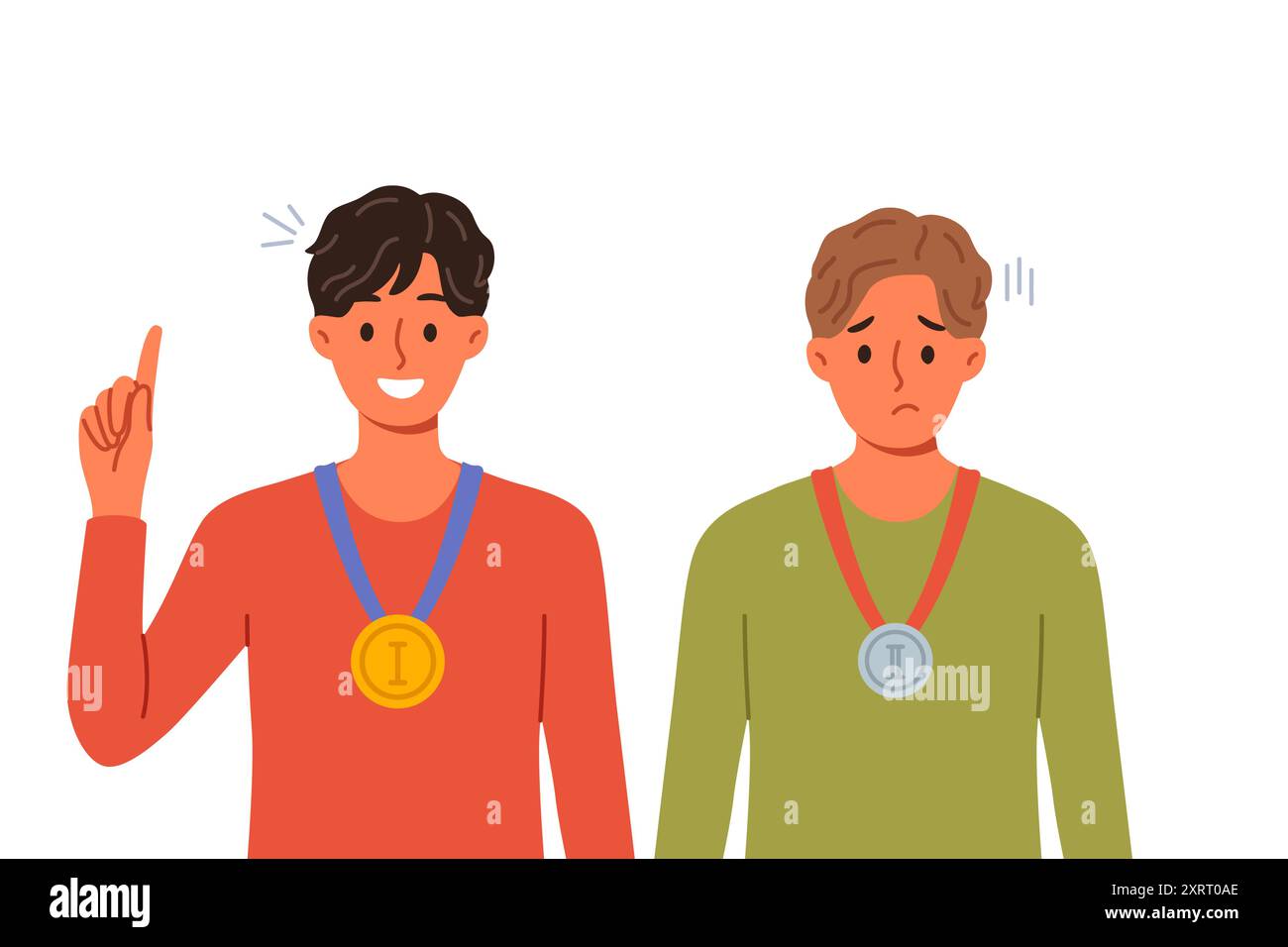 Winner and loser with medals for first and second place around necks ...