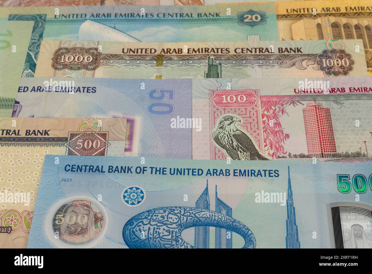 UAE currency notes of various denominations. UAE bank notes background ...