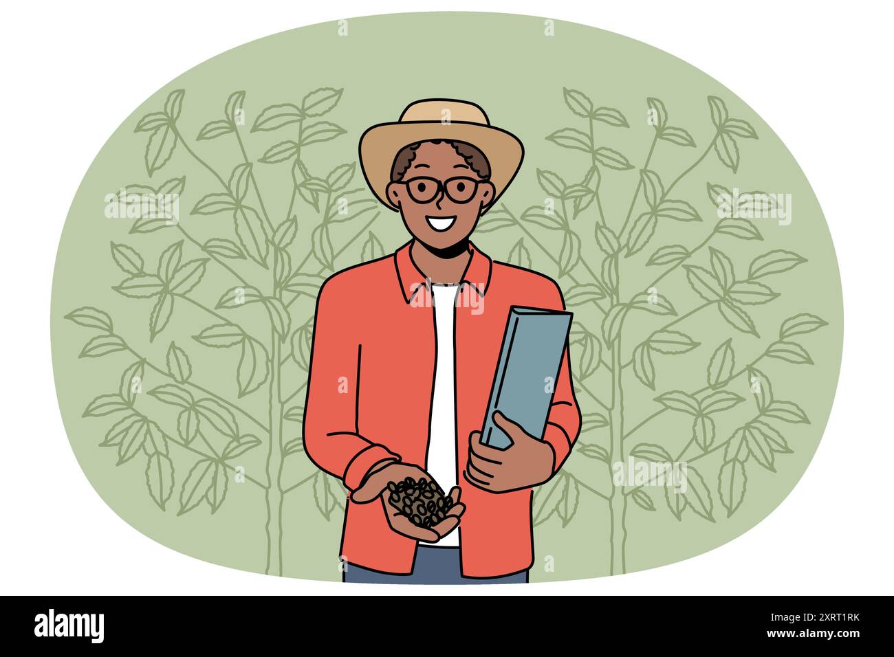 Smiling African American man gathering cocoa beans in garden. Happy ...