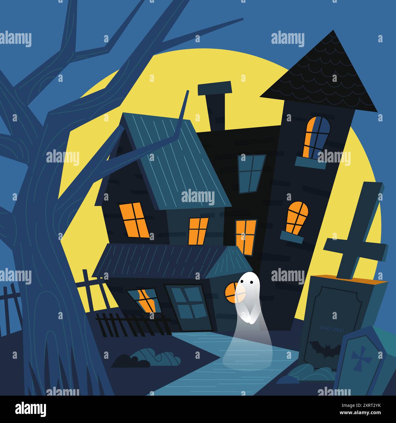 A Halloween haunted house flat illustration where ghosts are wandering ...