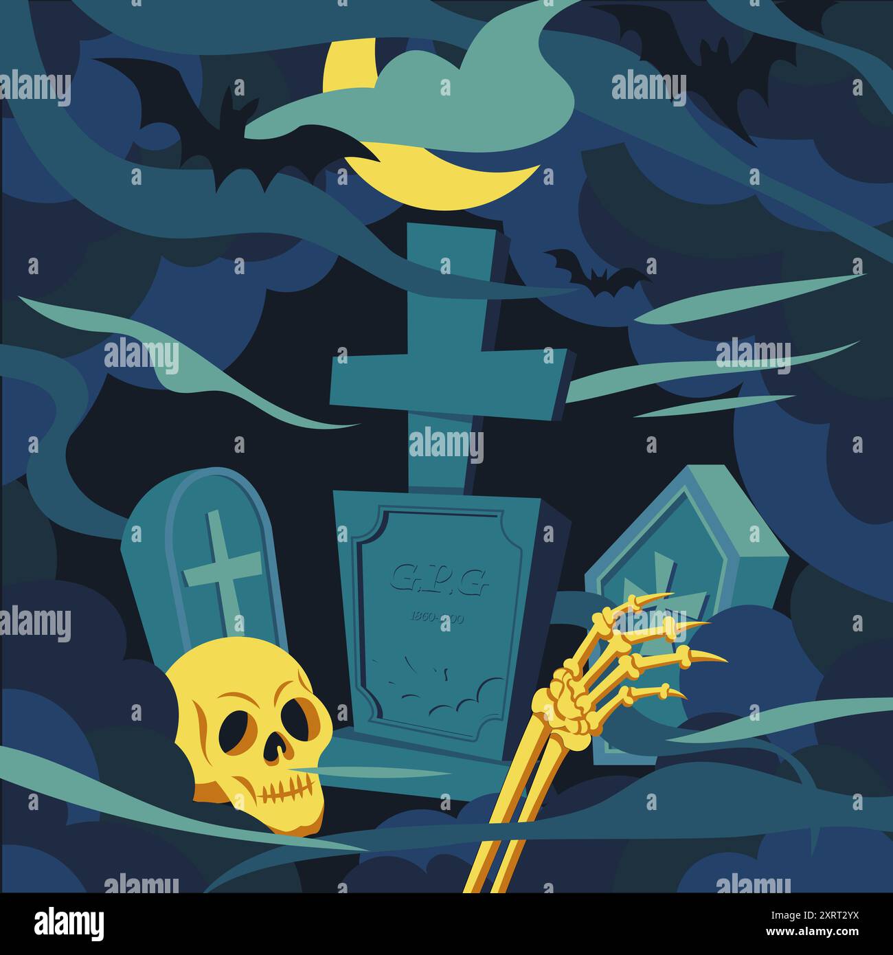 A flat style illustration of a lonely graveyard shrouded in heavy fog ...