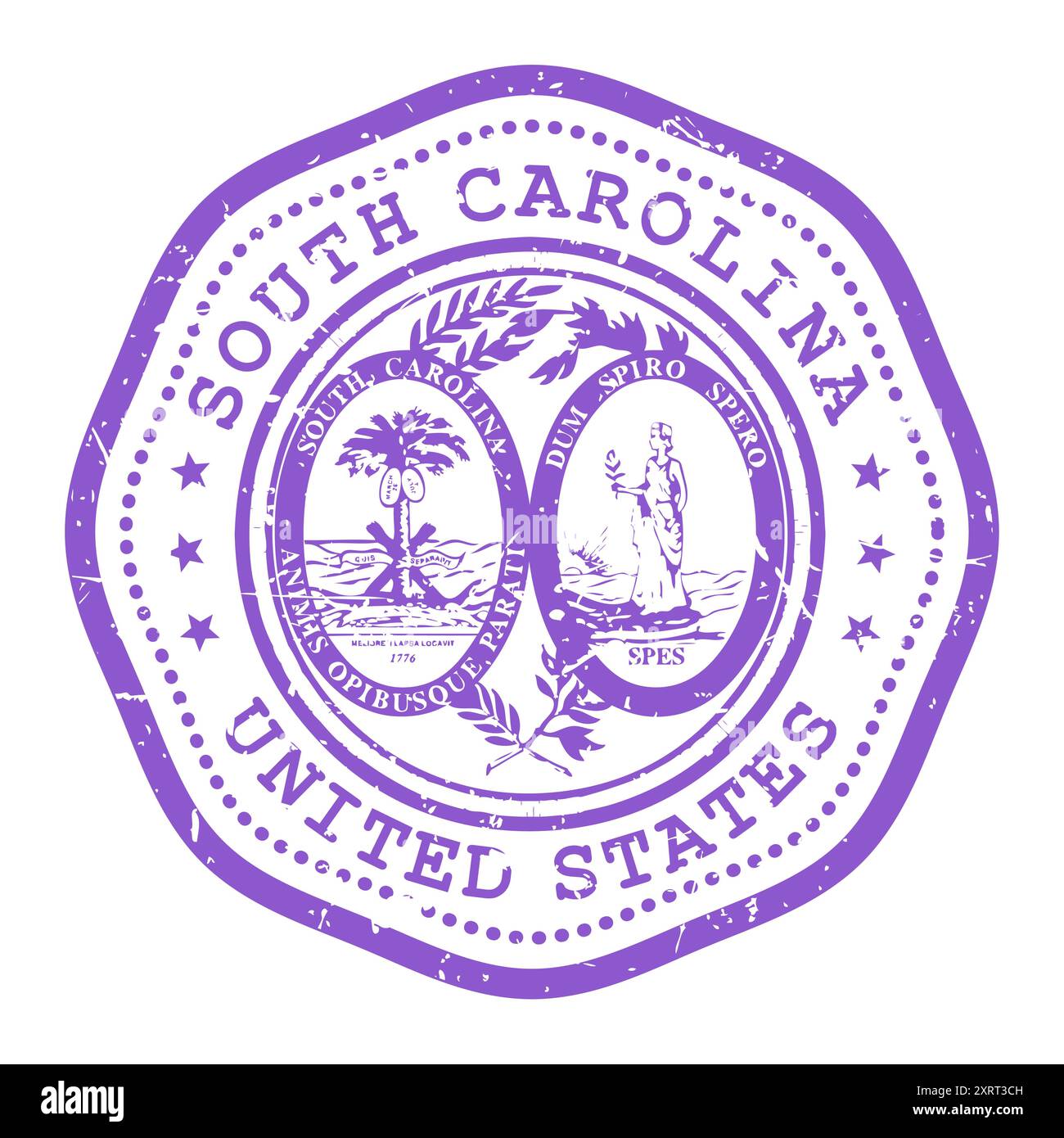 South Carolina state stamp with seal, USA travel stamp, shabby postmark ...