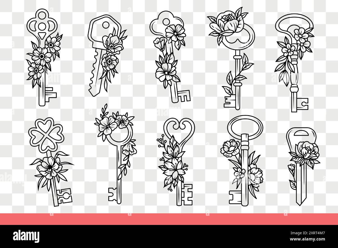 Modern and retro style door padlock keys are decorated with flowers ...