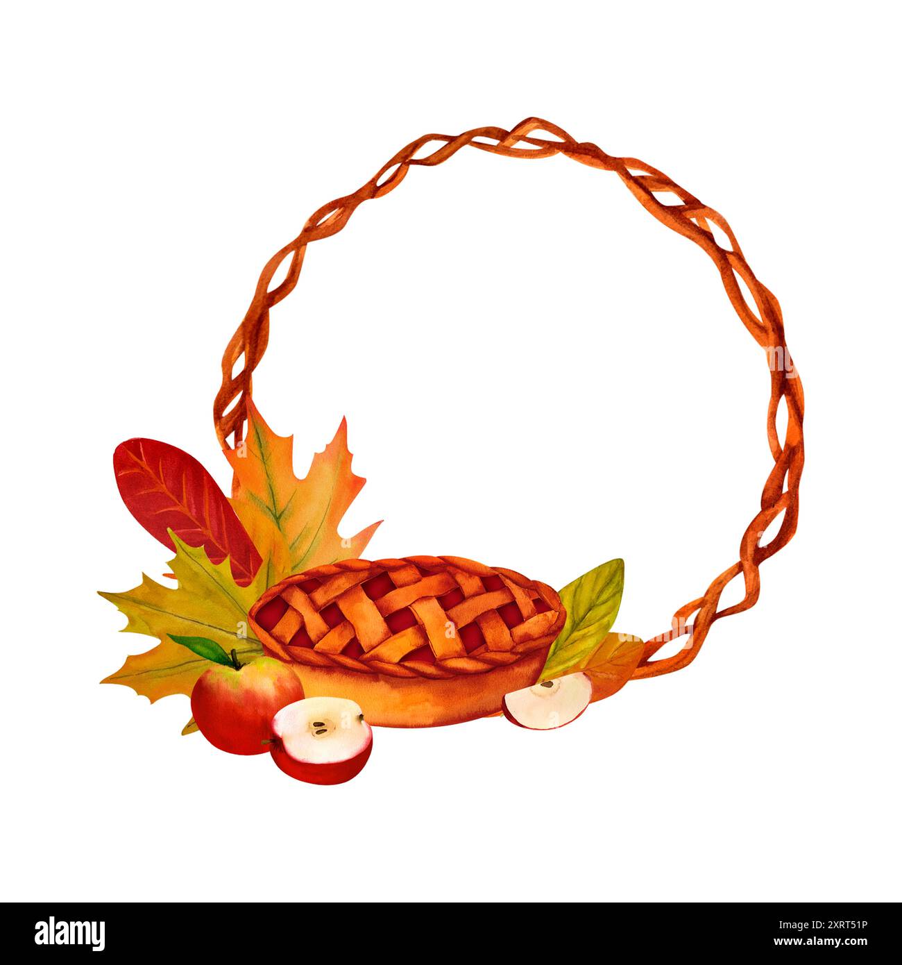 Apple baked pie and autumn leaves clip art, watercolor realistic ...