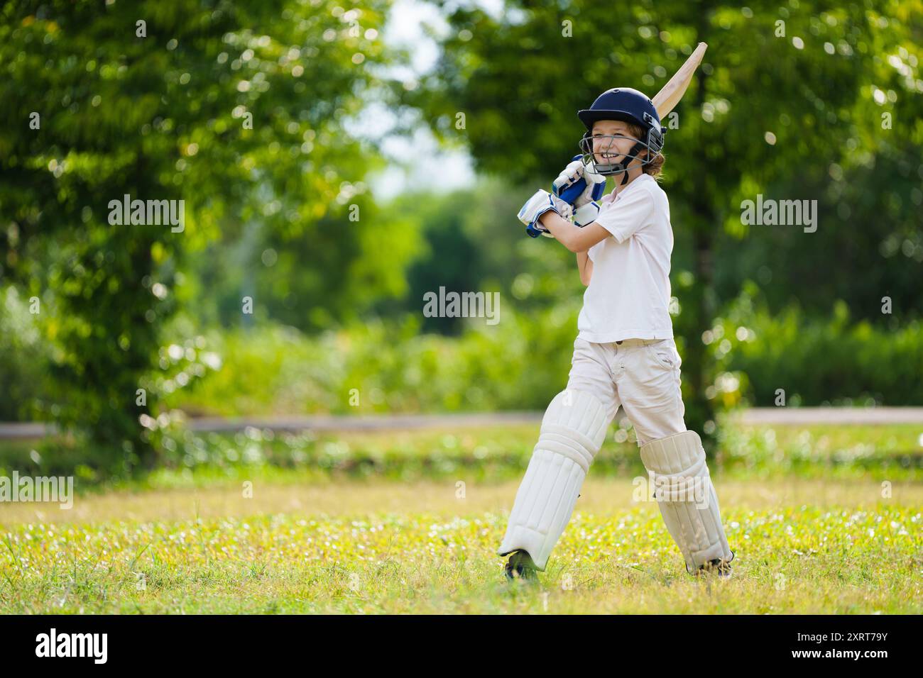 Kids playing cricket in summer park. Boy with bat and ball on cricket ...