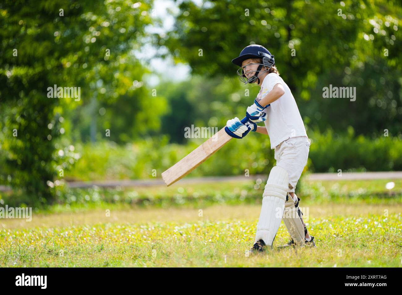 Kids playing cricket in summer park. Boy with bat and ball on cricket ...
