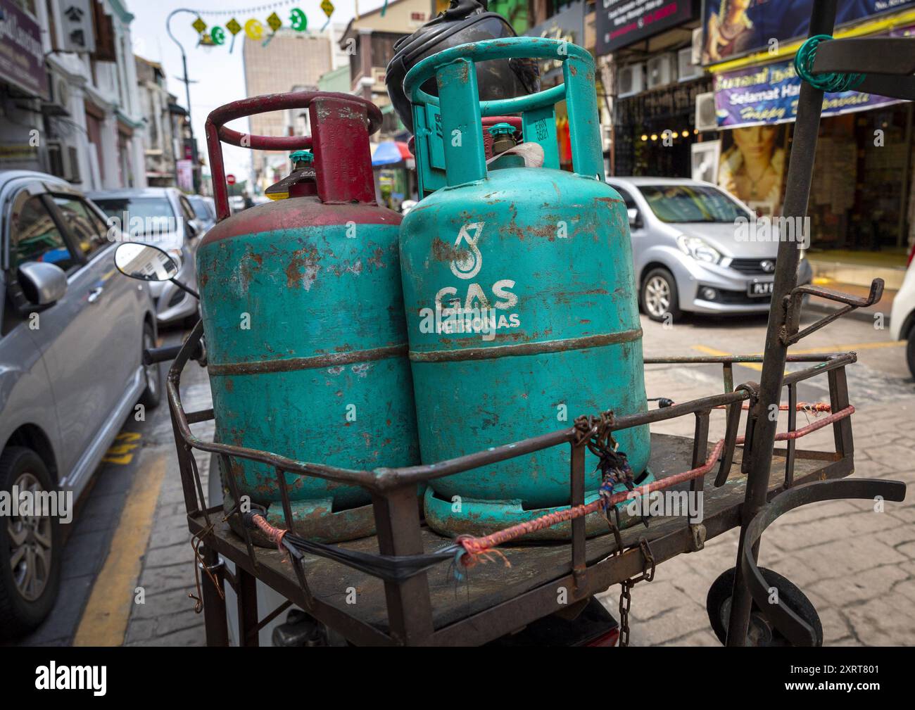 Petronas gas bottles in the street, Penang island, George Town ...