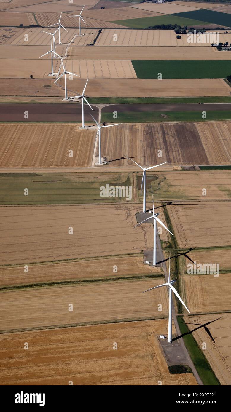 aerial view of a line of wind trubines near the villages of Sandtoft ...