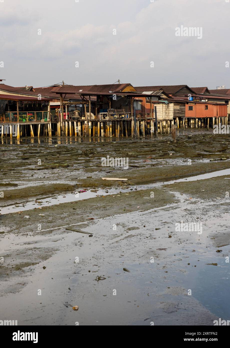 Chew Jetty wooden houses at low tide, Penang island, George Town ...