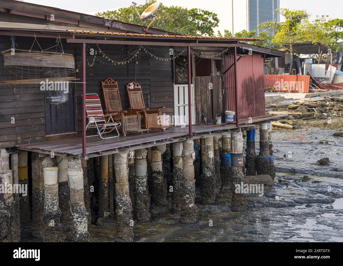 Chew Jetty wooden houses at low tide, Penang island, George Town ...