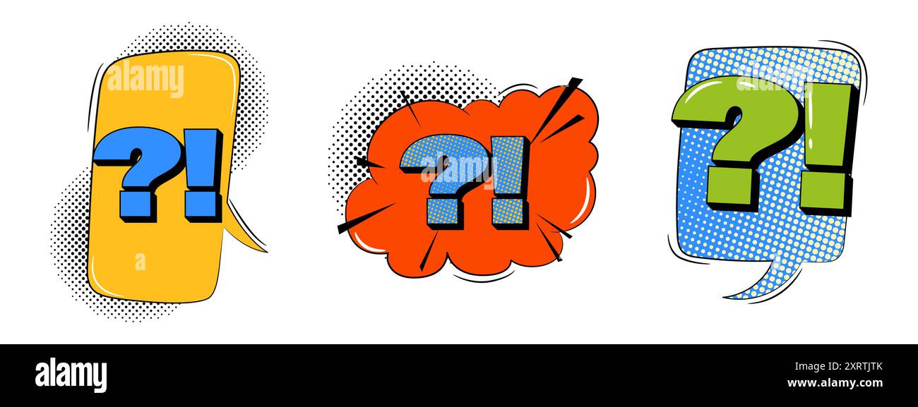 Explosion speech bubbles with text in trendy retro style. Comic sound effects. Question mark ...