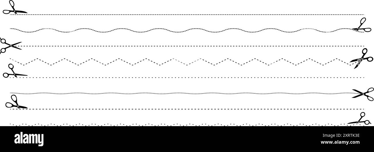 Various scissors and cut lines: dotted, wavy, zigzag, straight and ...