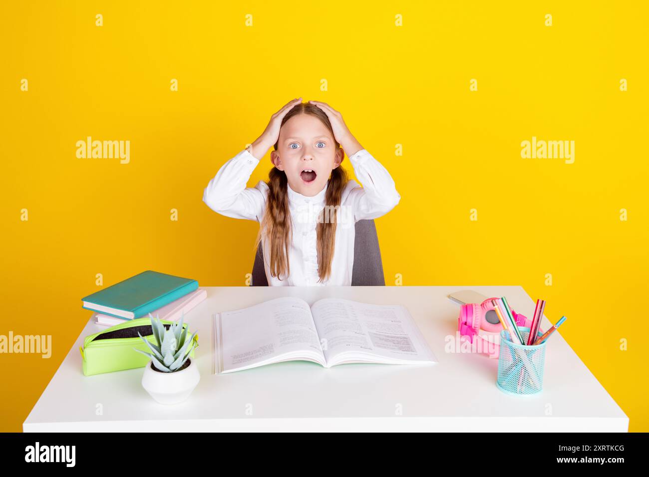 Photo portrait of cute little schoolgirl shocked impressed do homework ...