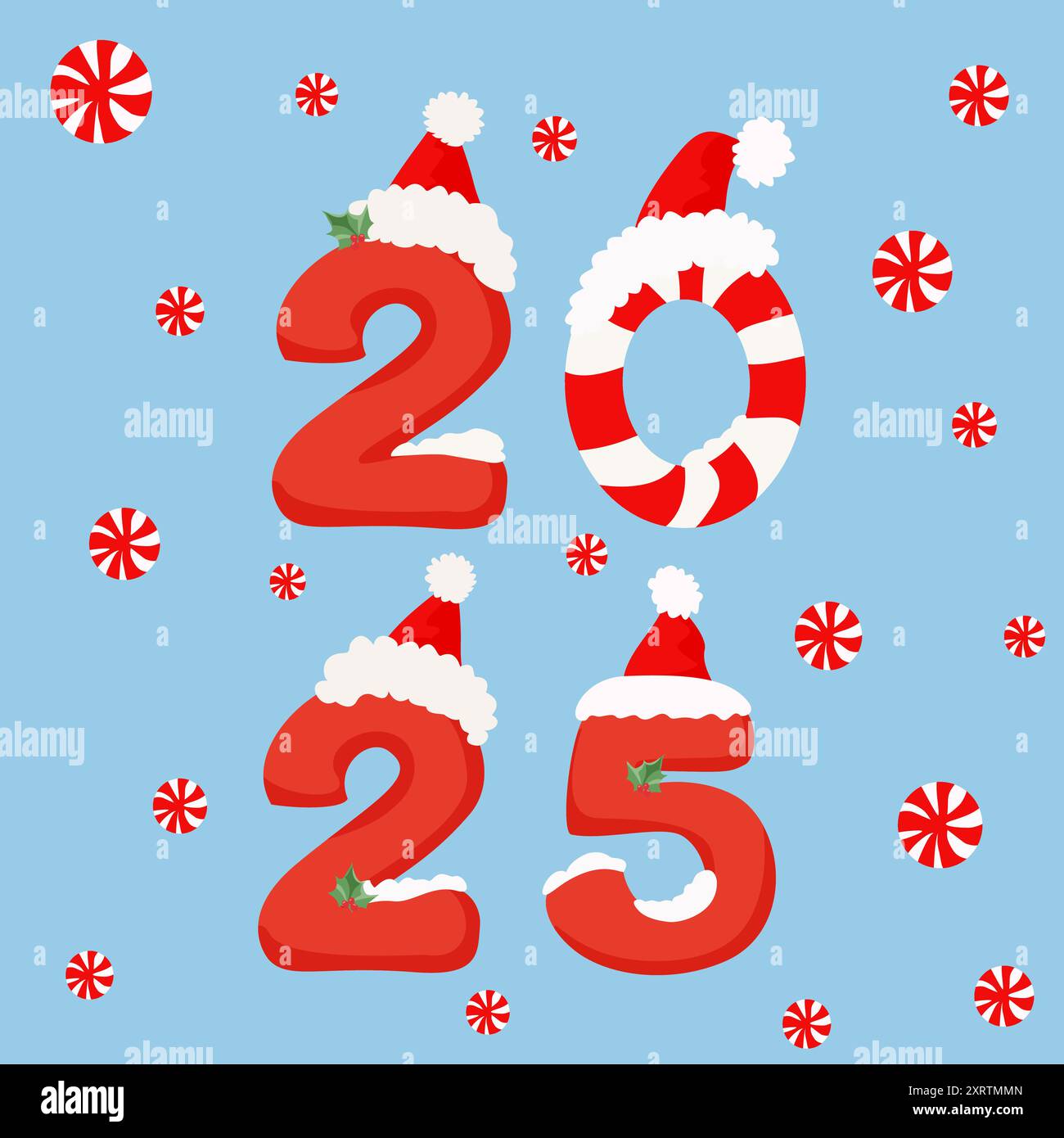 The numbers 2025 on on a blue background with confetti of red candies ...