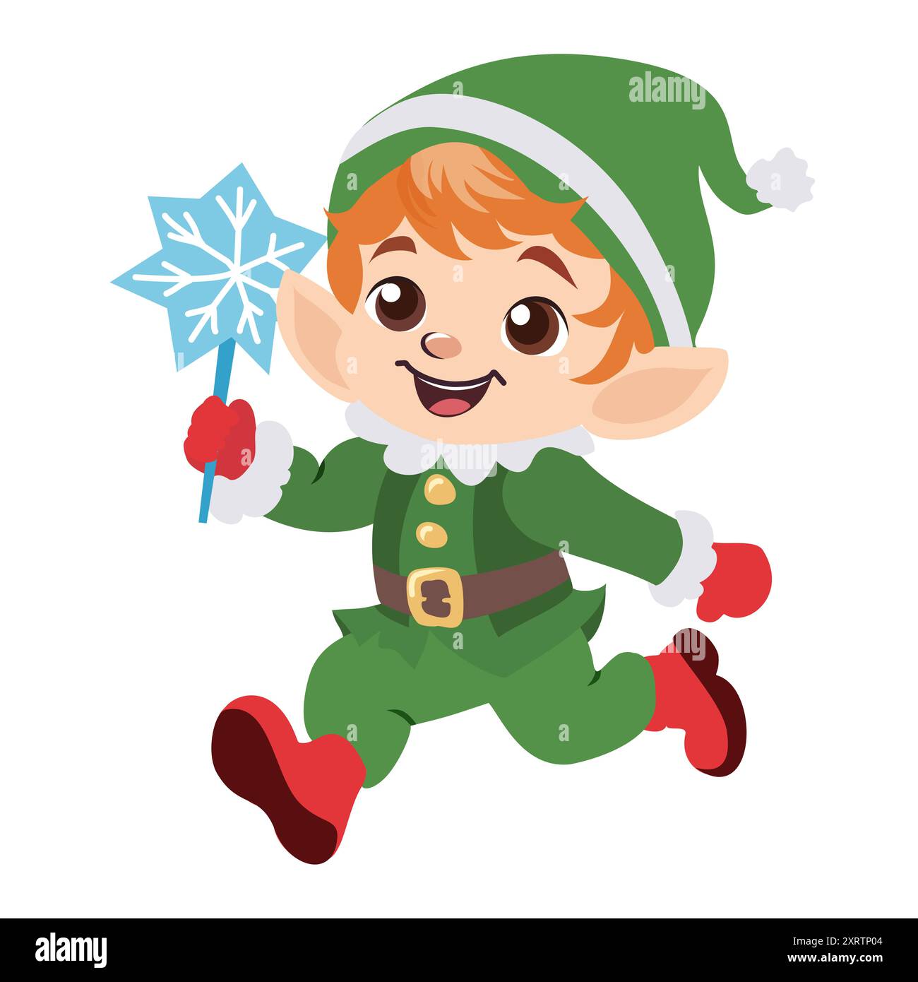 Cute joyful little elf boy running with a snowflake shaped candy in his ...