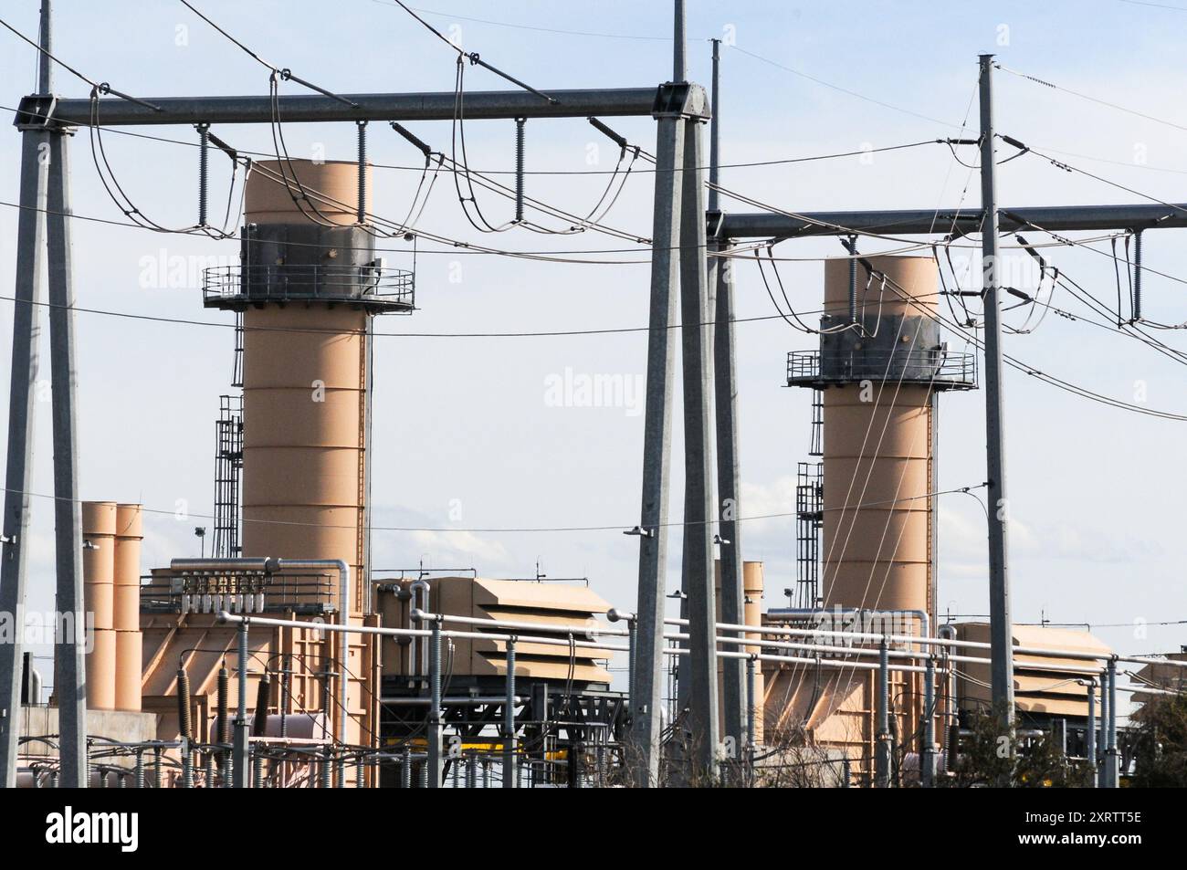 Close-up view of high-tech gas turbine generators at power plant in ...