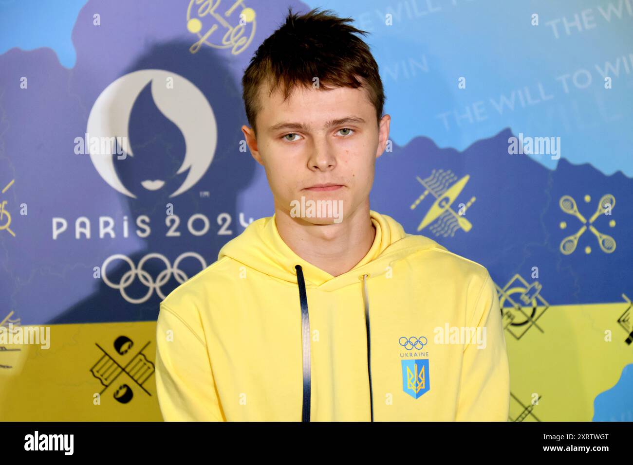 KYIV, UKRAINE - AUGUST 12, 2024 - Ukrainian diver Oleksii Sereda speaks ...