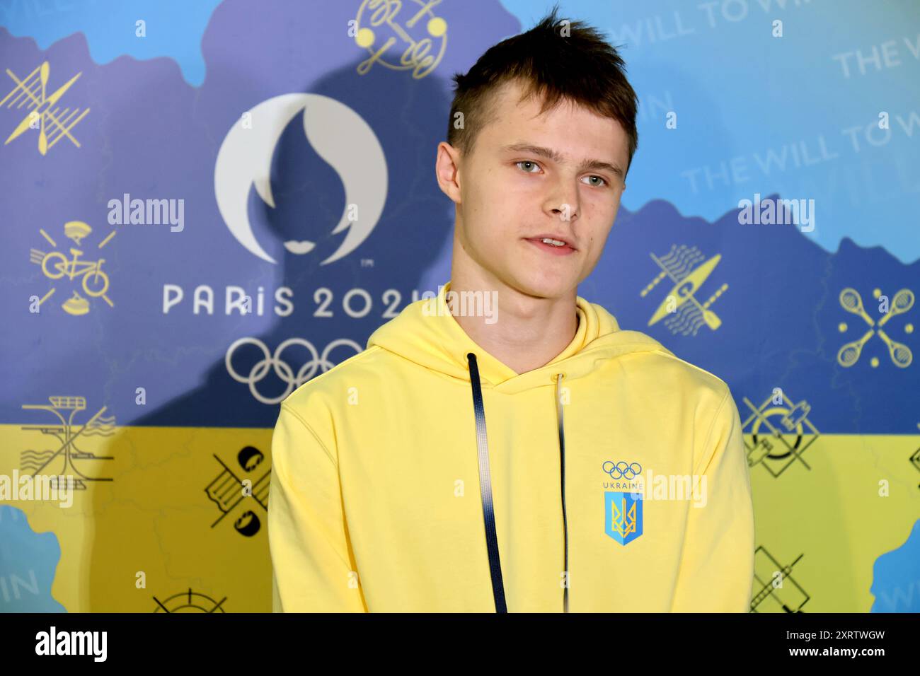 KYIV, UKRAINE - AUGUST 12, 2024 - Ukrainian diver Oleksii Sereda speaks ...
