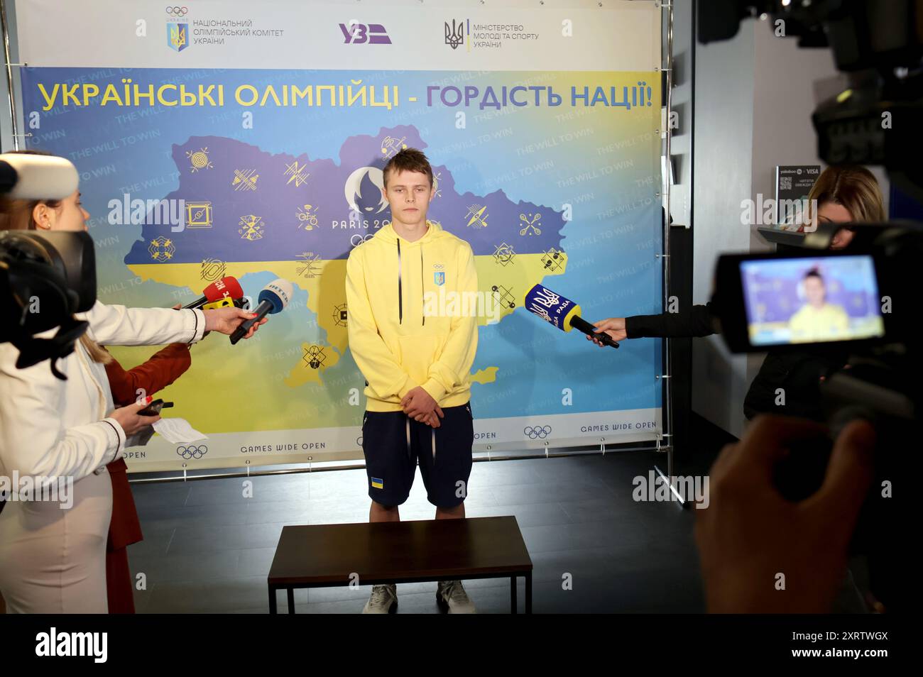 KYIV, UKRAINE - AUGUST 12, 2024 - Ukrainian diver Oleksii Sereda speaks ...
