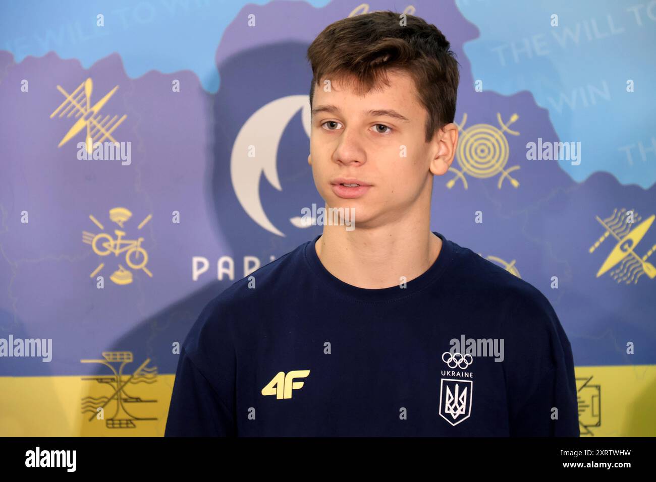 KYIV, UKRAINE - AUGUST 12, 2024 - Ukrainian diver Mark Hrytsenko speaks to the press during the ...