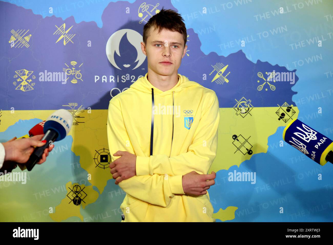 KYIV, UKRAINE - AUGUST 12, 2024 - Ukrainian diver Oleksii Sereda speaks ...