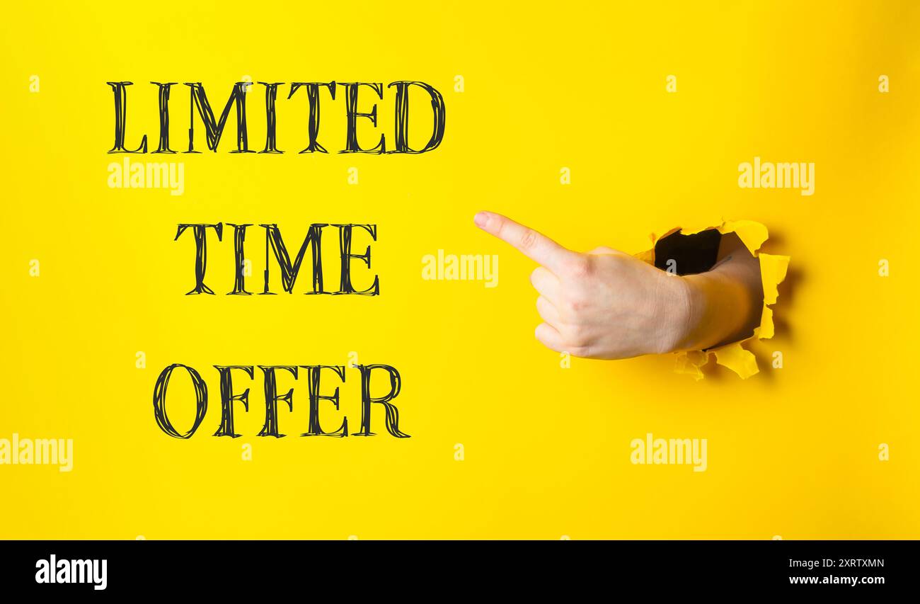 A hand pointing to a yellow background with the words limited time ...
