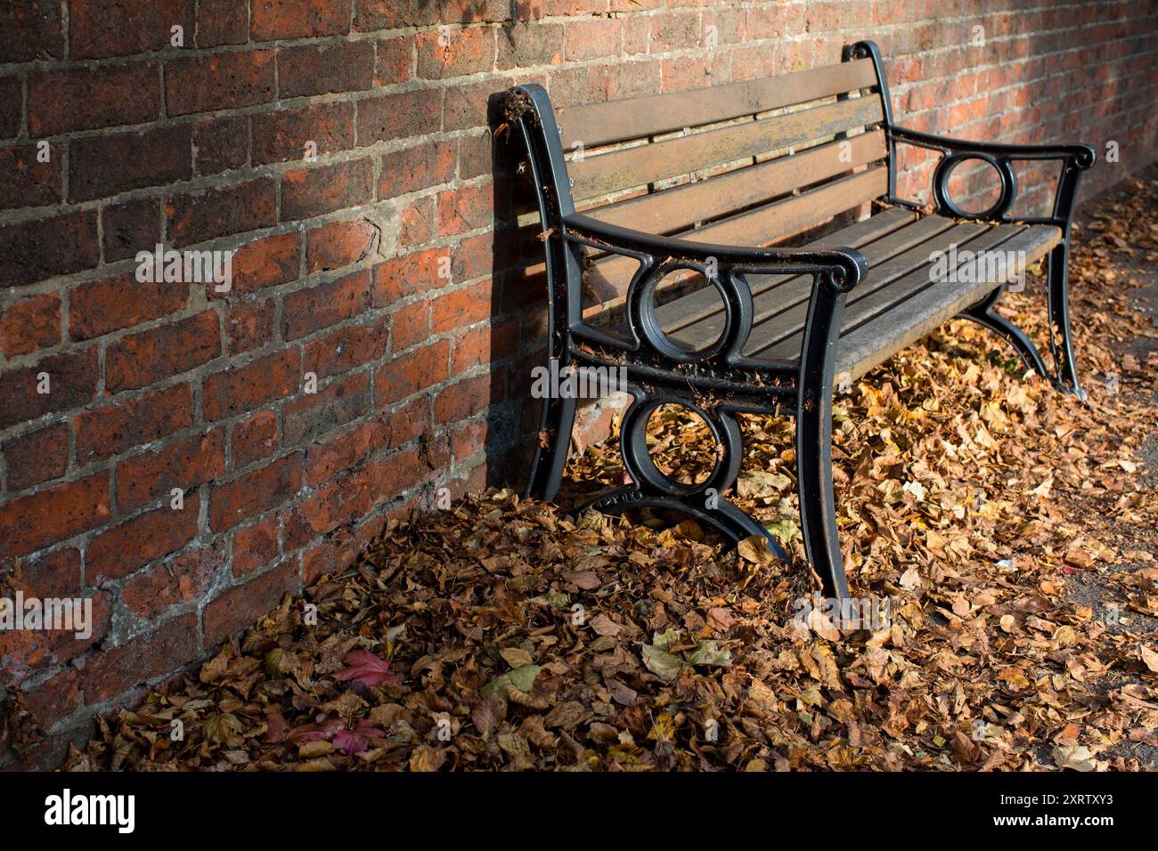 Old wooden public bench surrounded by a large pile of dead dry autumn ...