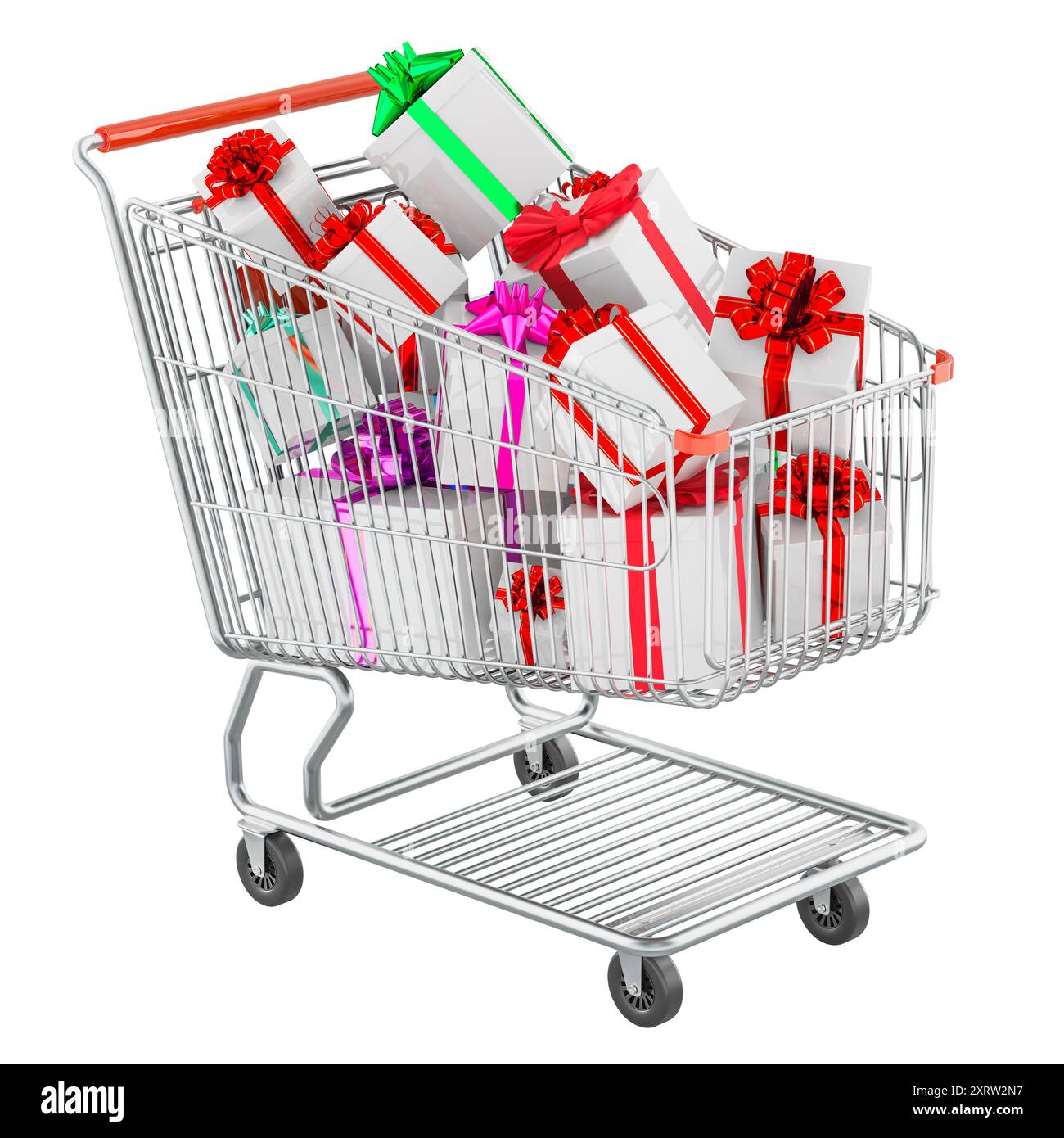 Gift boxes inside shopping cart, 3D rendering isolated on white ...